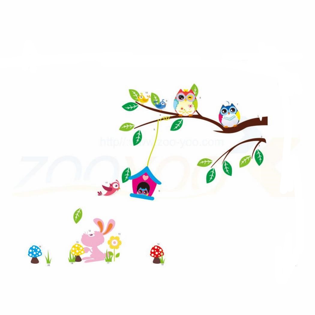 Vinil Infantil Decorativo Búhos de colores árbol y conejos – Darababy.mx