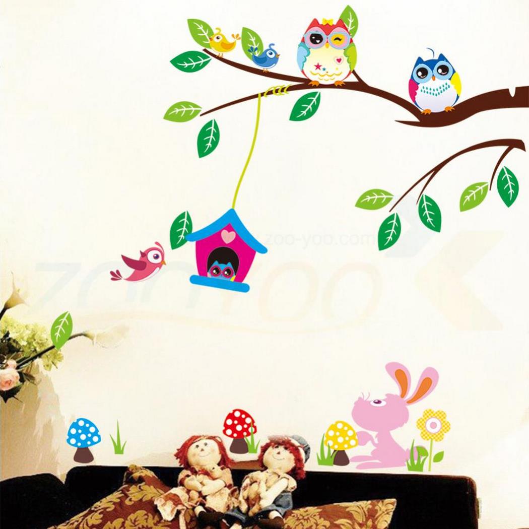 Vinil Infantil Decorativo Búhos de colores árbol y conejos – Darababy.mx
